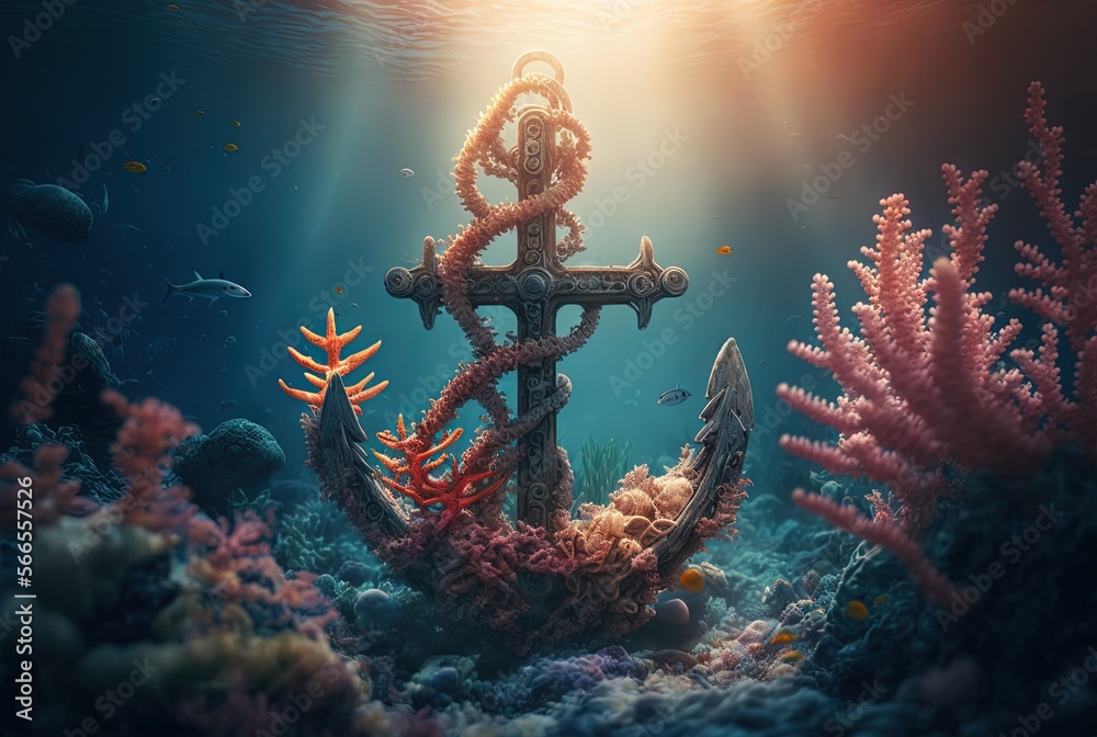 illustration of big iron anchor that abandoned at ocean floor with sung ...