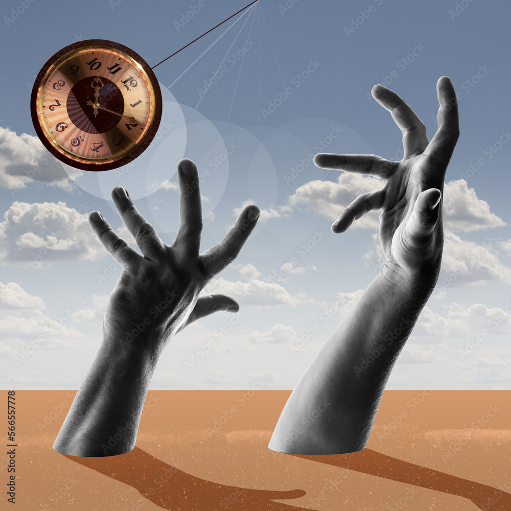 Contemporary art. Creative surreal design. Flight of time. Human hands ...