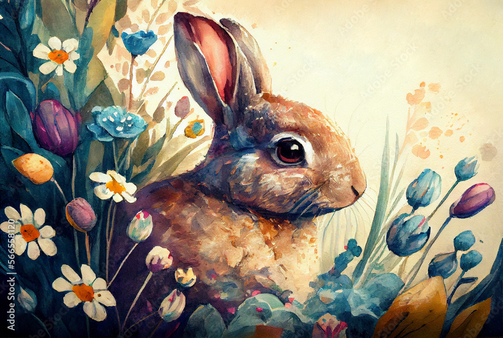 Watercolor painting of rabbit on card with copy space as illustration ...