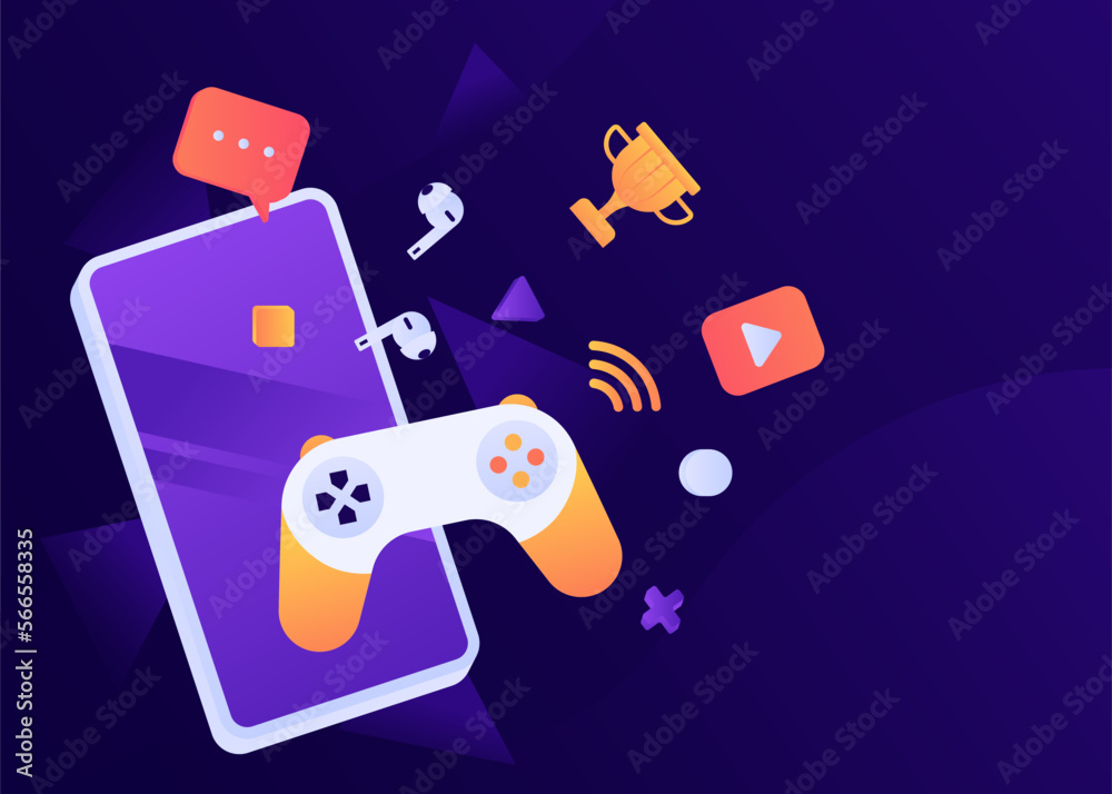game icon and background with big illustration of smartphone and stick ...