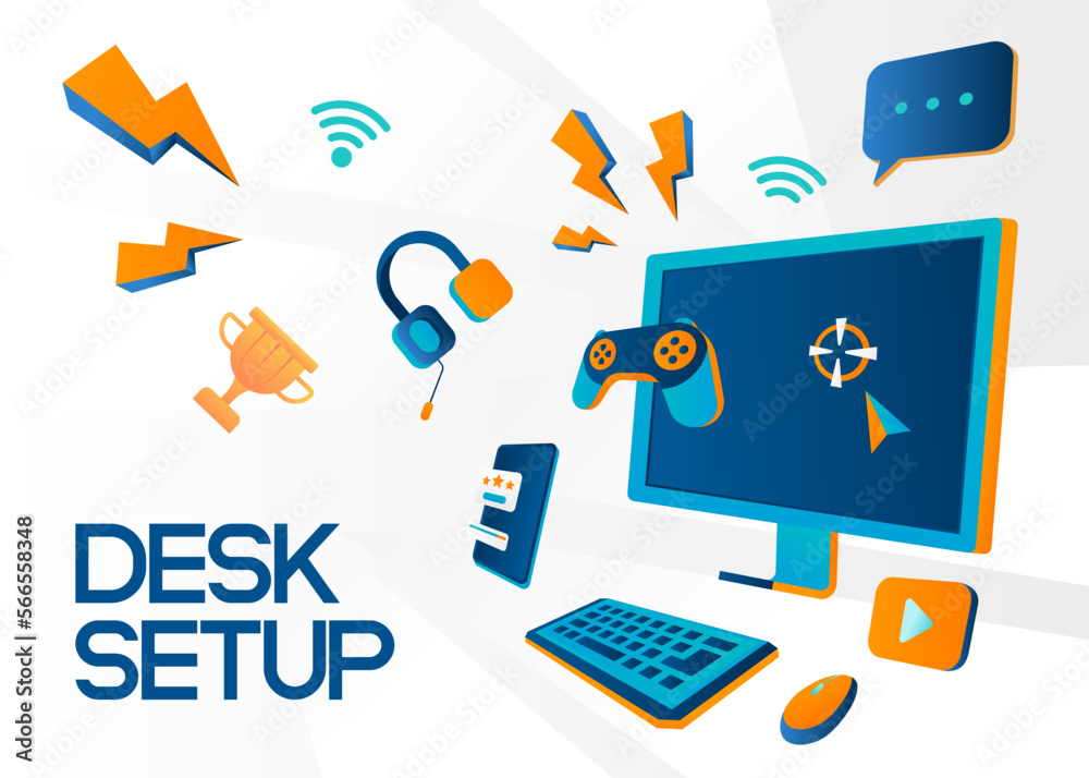 full set of game desk setup with monitor, keyboard, play button, mouse ...