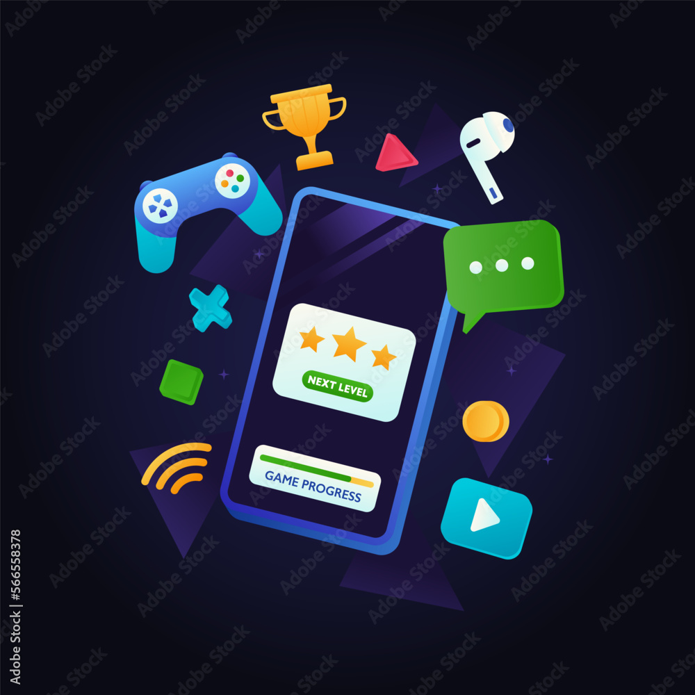 full set of game desk setup with monitor, keyboard, play button, mouse ...