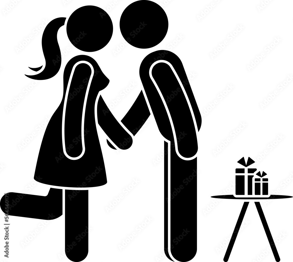 Romantic stick figure couple in love kissing each other icon. Black and ...