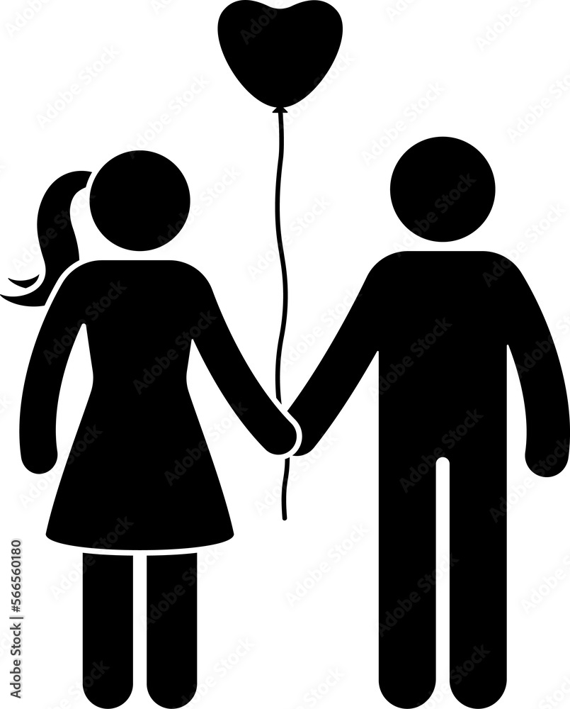 Romantic stick figure couple in love holding hands icon. Black and ...