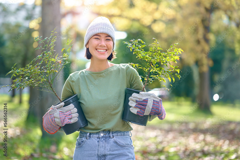 Zdjęcie Stock: Woman portrait, plant and gardening in a park with trees ...