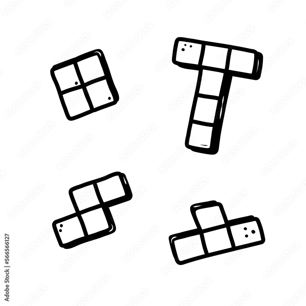 Tetris set hand drawn elements. Retro vibe doodle. Cubes and game ...