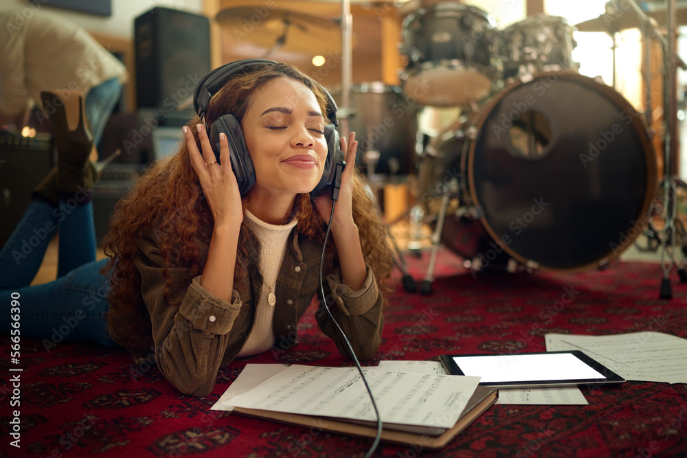 Music, musician headphones and woman in studio streaming podcast, song ...