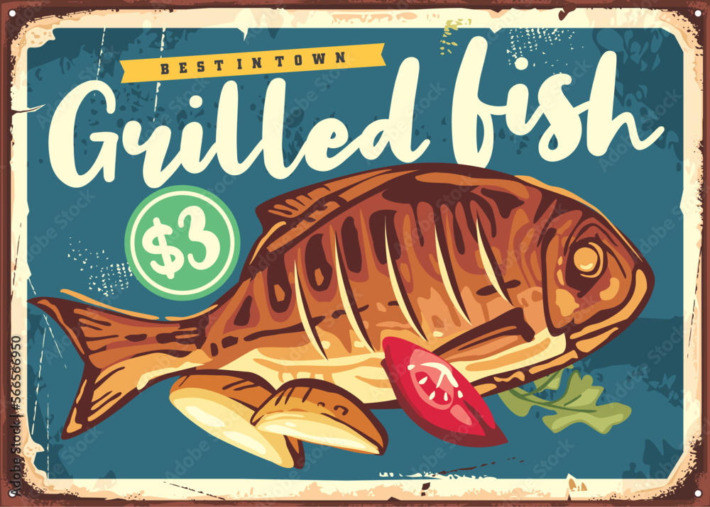 Stockvector Grilled and roasted fish vintage menu design vector sign ...