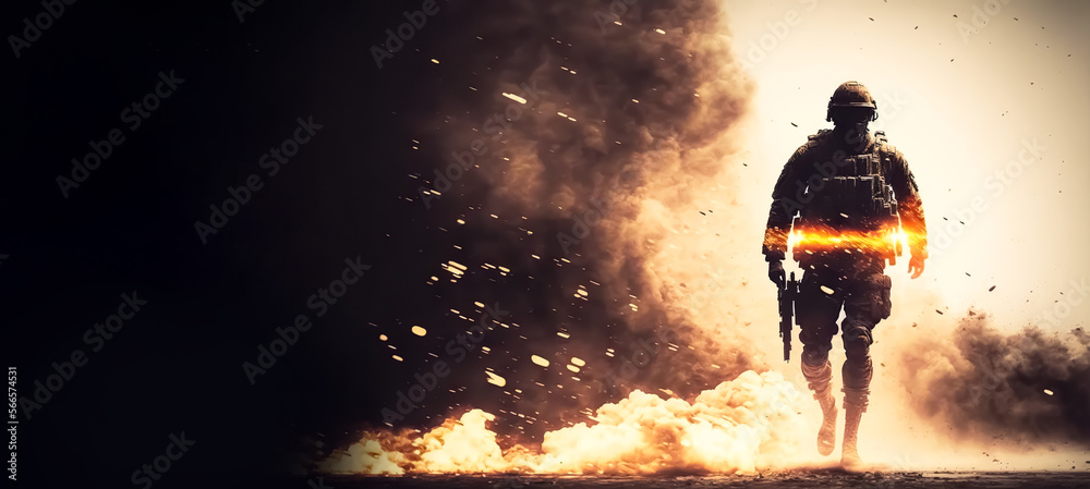 Special forces soldier equipped with battle armor in a combat zone ...