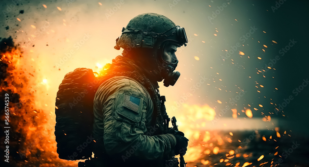 Special forces soldier equipped with battle armor in a combat zone ...