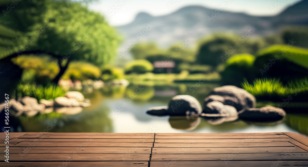 Empty wood table top and a blurred Japanese nature zen garden with a ...