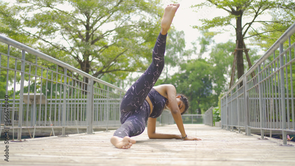 Portrait of Black African American woman in yoga class club doing ...