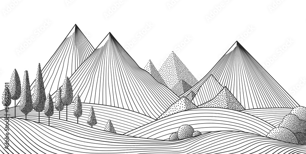 Mountain Landscape Of Vector Line Art Minimal Outline Vector