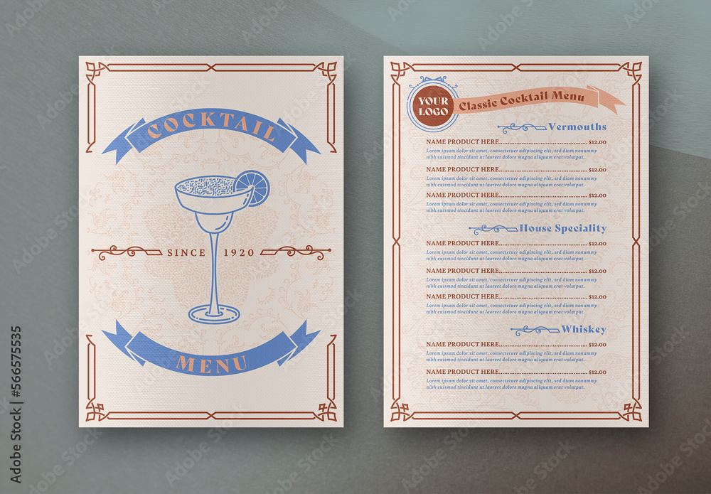 Restaurant Cocktail Menu Layout with Ornamental Elements Stock Template ...