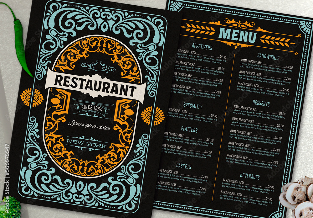 Restaurant Menu Layout with Ornamental Elements Stock Template | Adobe ...