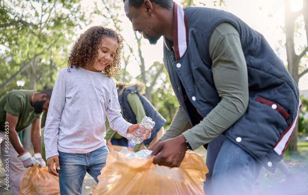 Trash, volunteer man and child cleaning garbage, pollution or waste ...