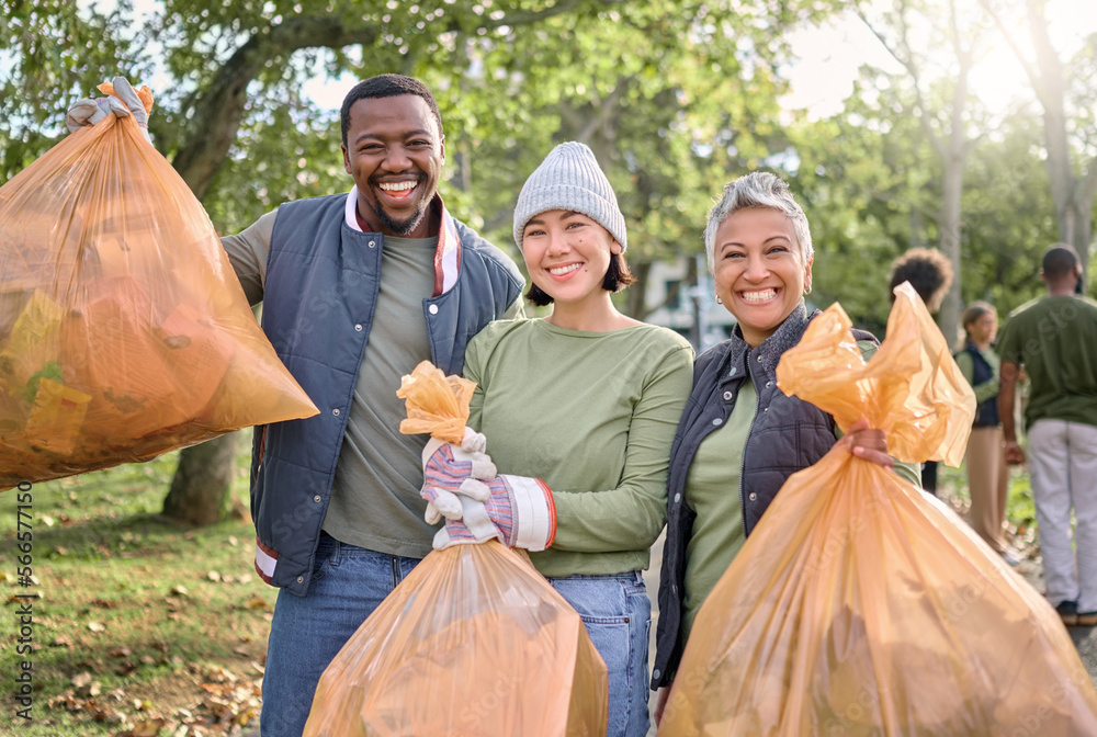 Volunteer group portrait, community service and cleaning park with ...