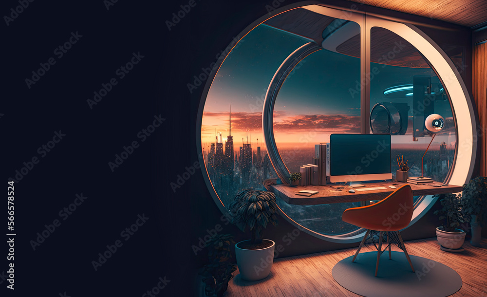 Futuristic home office setup with computer setup and sky window created ...