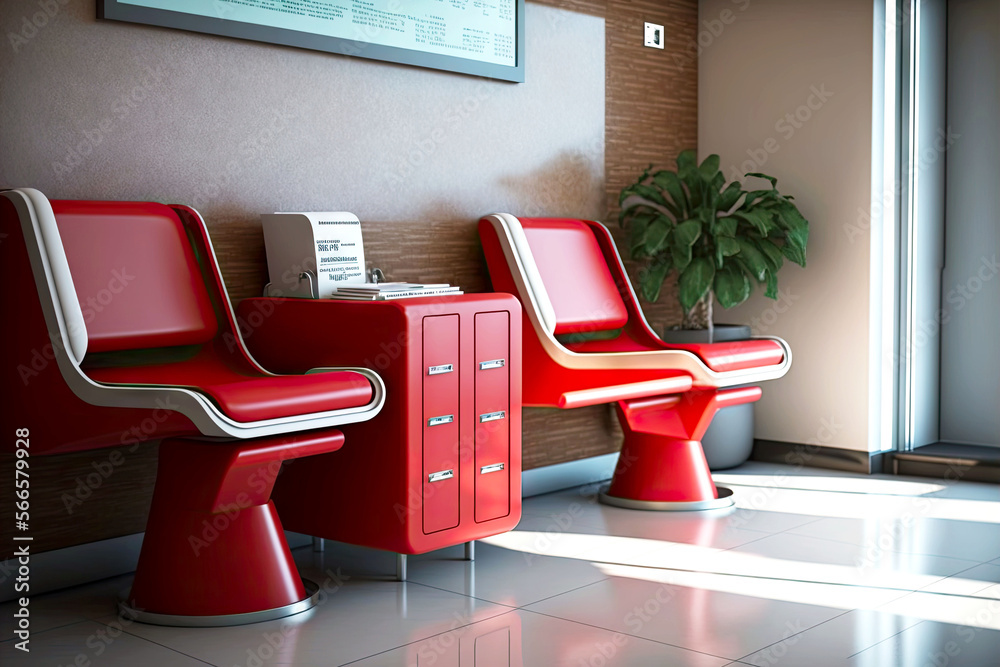 red chairs for documents and folders at hospital reception desk Stock ...