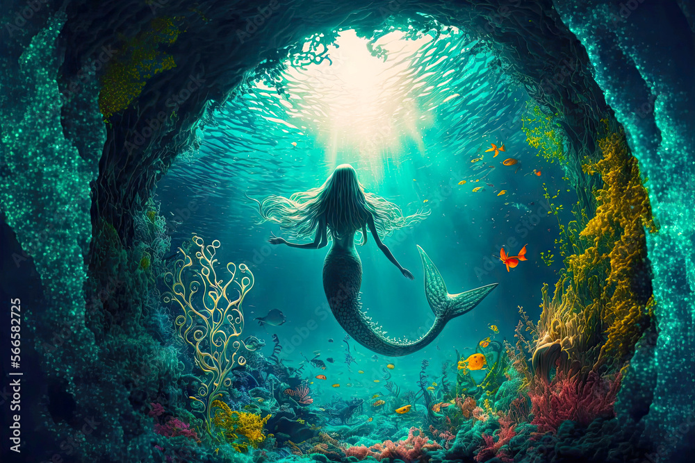 fantasy underwater world with beautiful mermaid swimming in sea ...