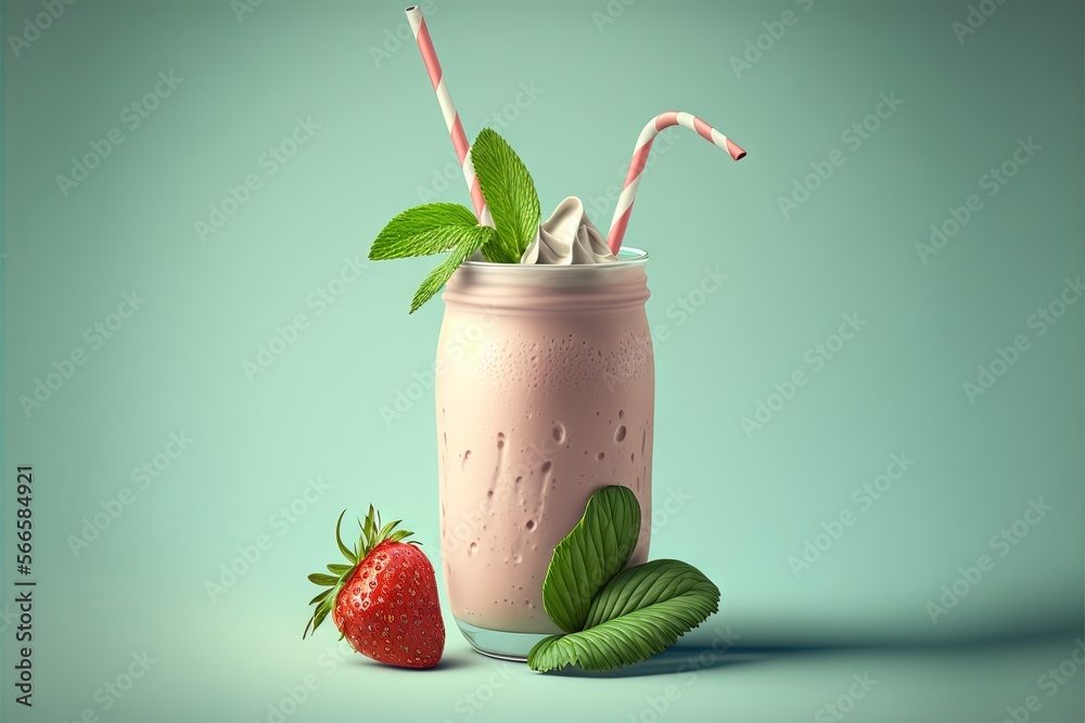 a strawberry milkshake with strawberries and mints on a blue background ...
