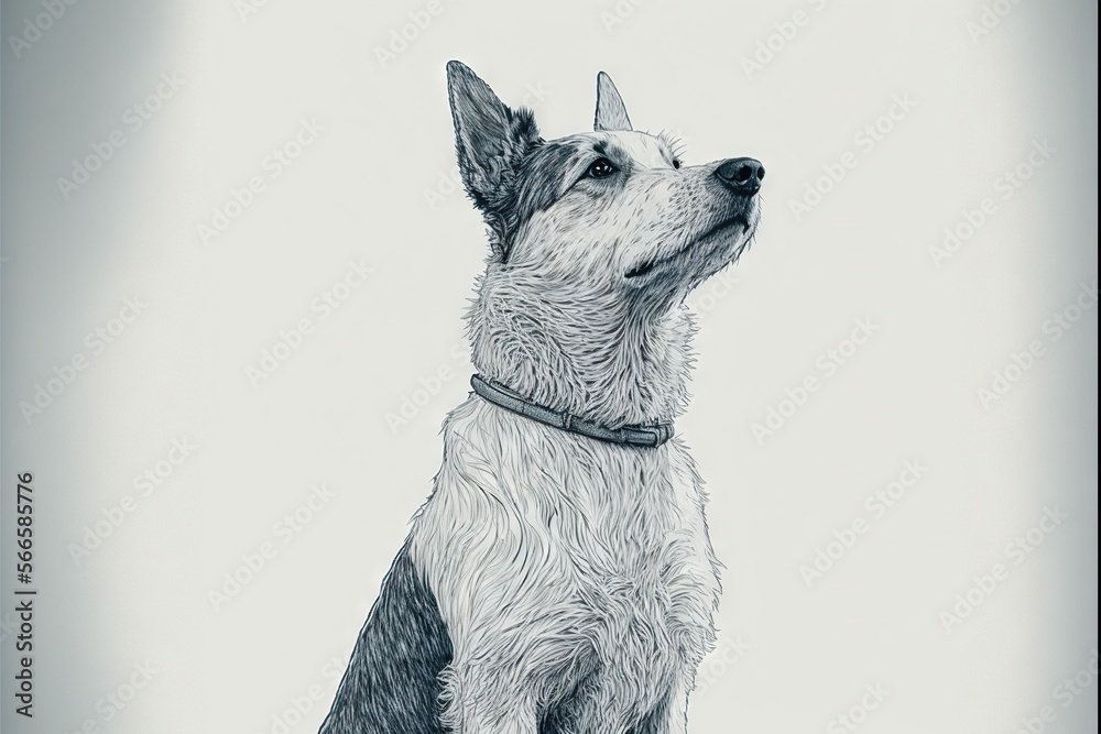 a drawing of a dog looking up at something in the air with a white ...