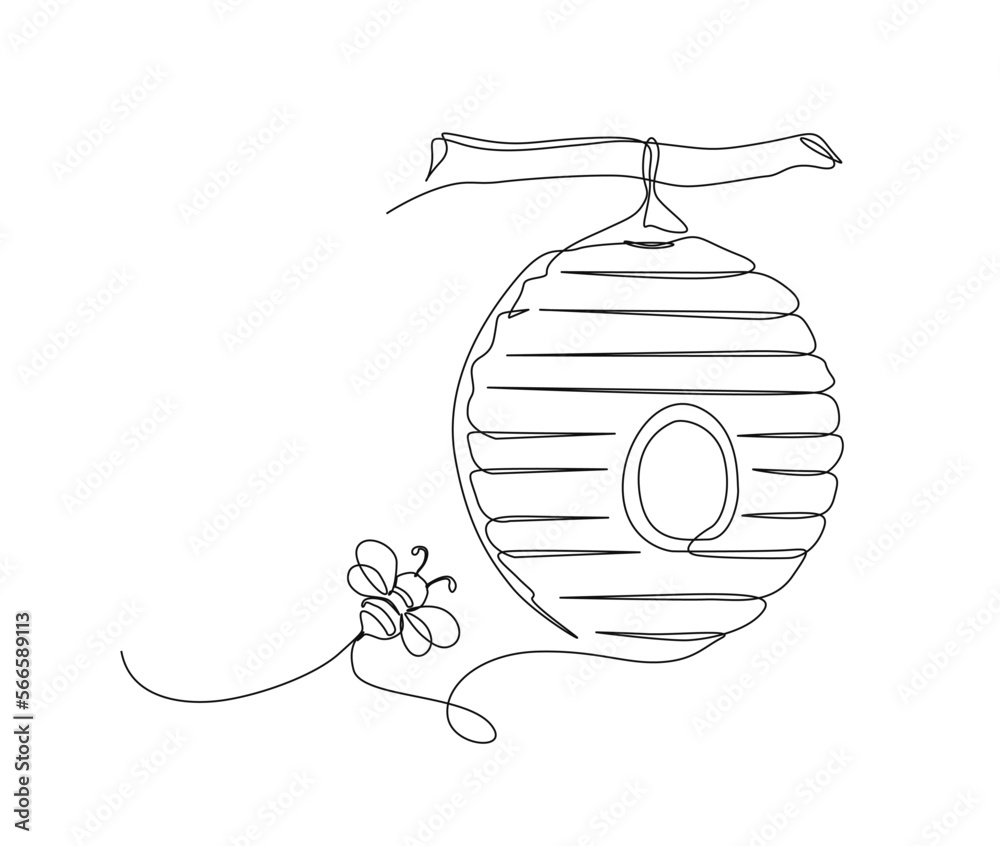 Continuous one line drawing of fliying bee and honeycomb. Simple ...