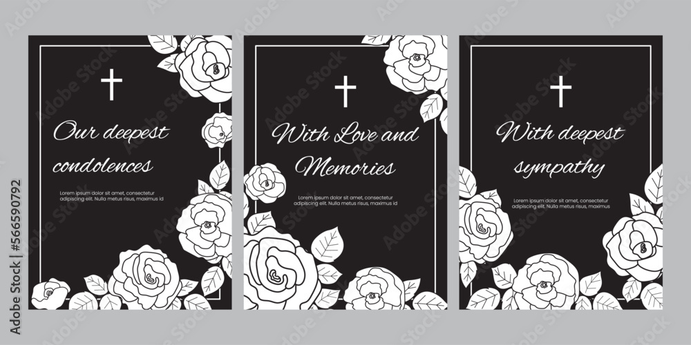 Condolence vector cards template set. Funeral frame with rose on black ...