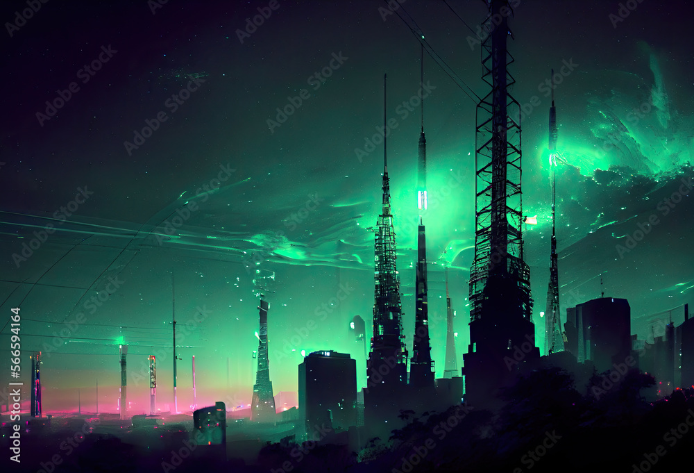 Telecommunication tower with cellular network antennas on night city ...
