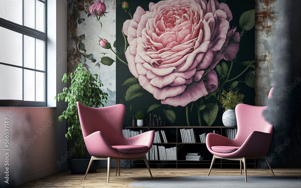 Modern interior living room background, a rose bouquet, and flowers in ...