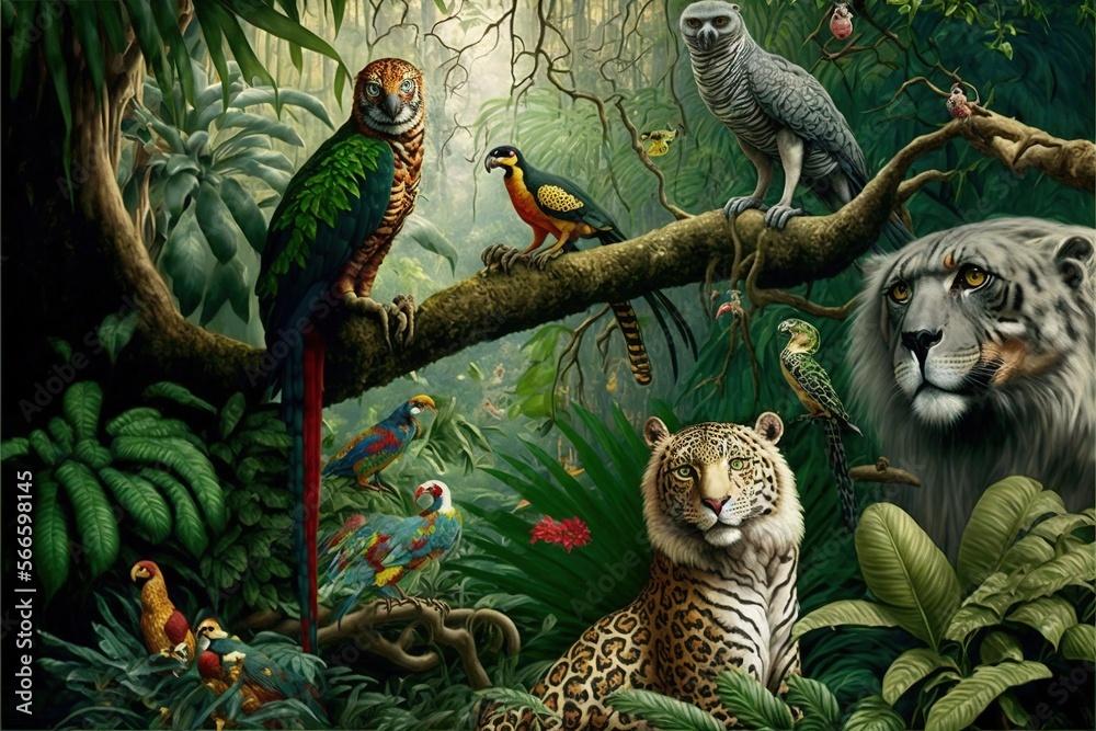 a painting of a jungle with many different types of animals and birds ...