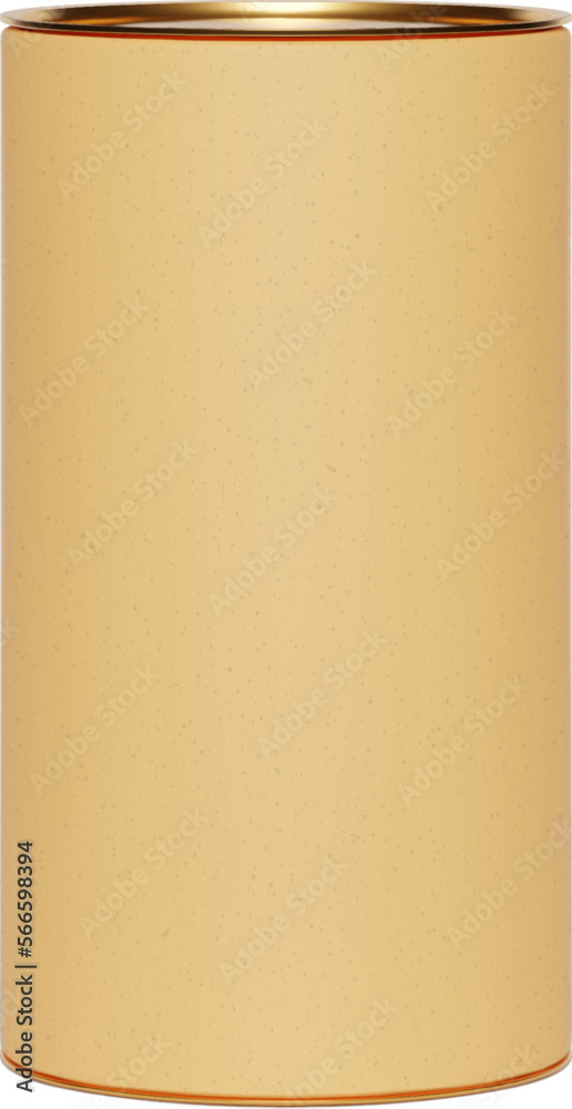Beige kraft paper tube package with golden lid mockup on white. Blank ...