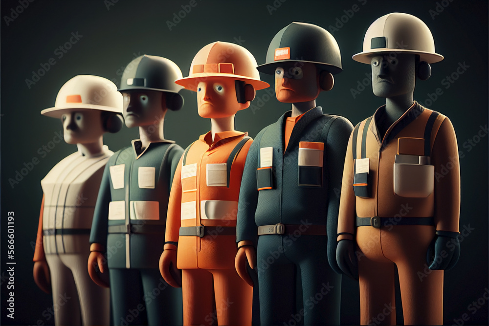 Five workers in uniform and safety helmet. Group of workers in a row in ...