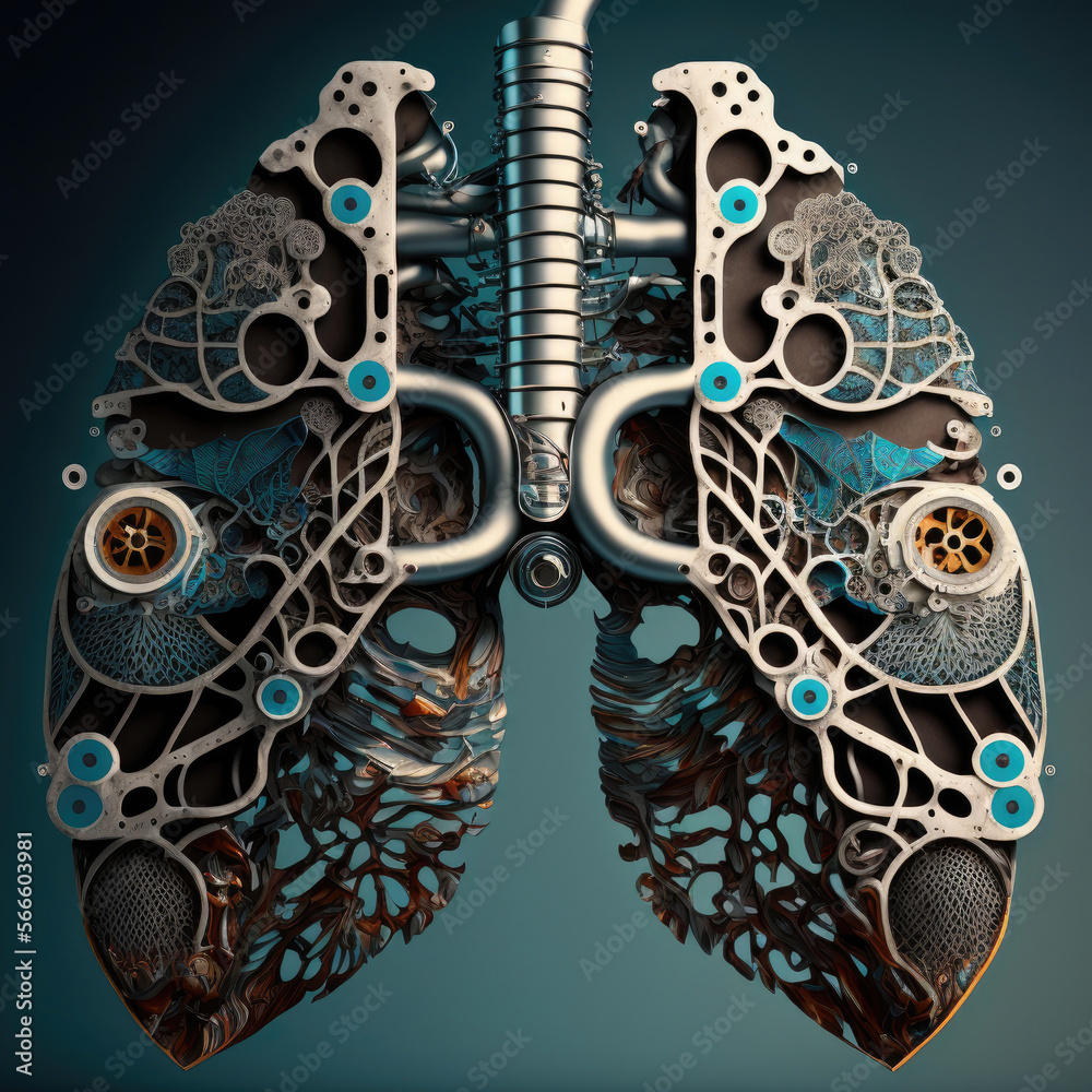 human lung lobes made of mechanical parts, concept image for biomedical ...