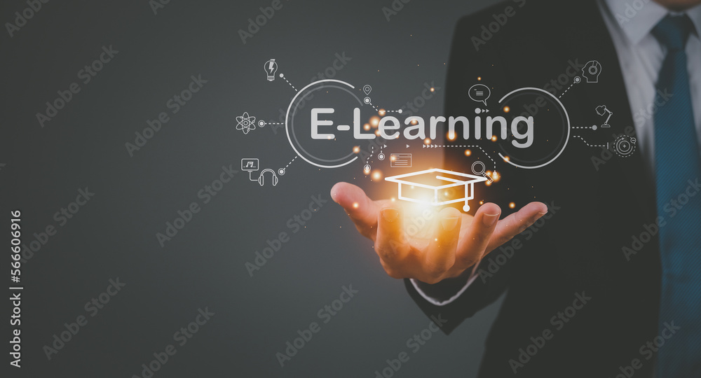 Online e-learning graduate degree program concept man showing ...