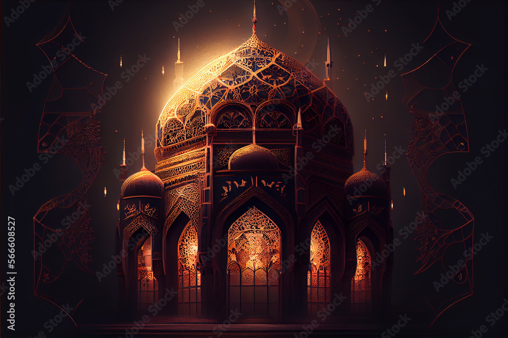 Magic architectural design illustration of a muslim mosque with domes ...