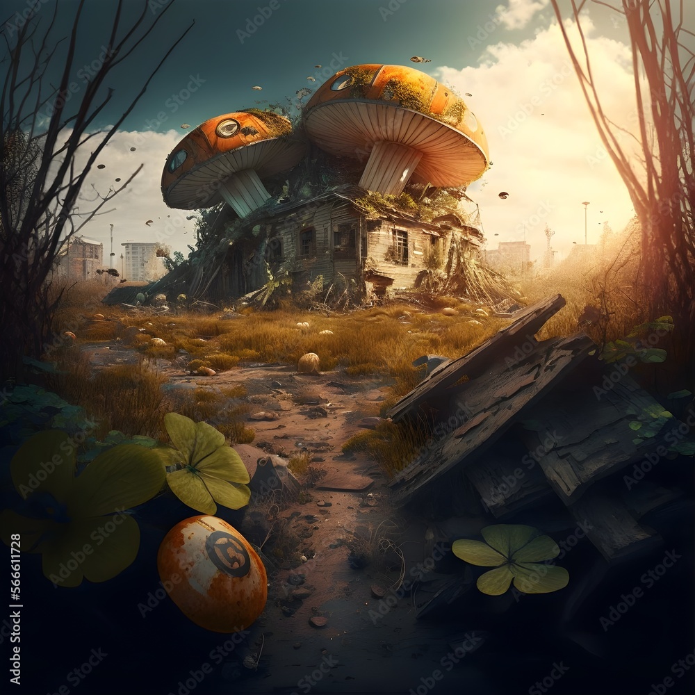 Beautiful post apocalyptic wasteland urban landscape overgrown with ...