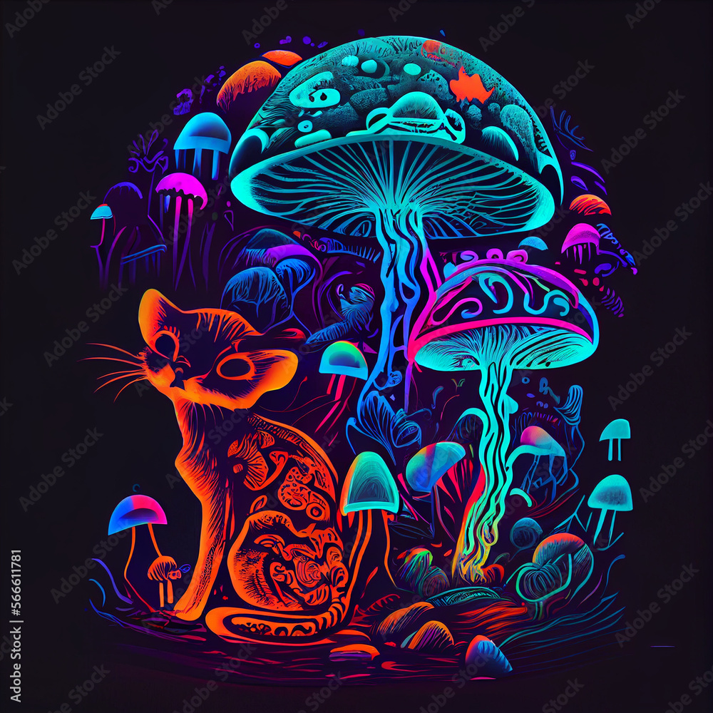 Psychedelic trippy cat acid with neon mushroom hippie illustration ...