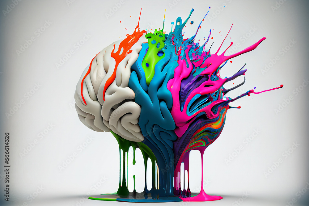 Brain with splash 3d paint poster modern background. Liquid forms ...