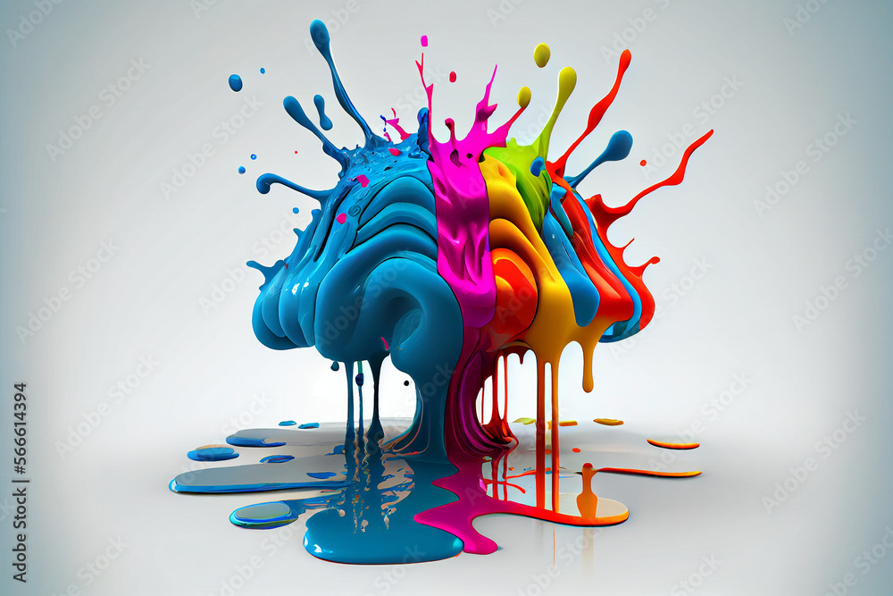 Brain with splash 3d paint poster modern background. Liquid forms ...