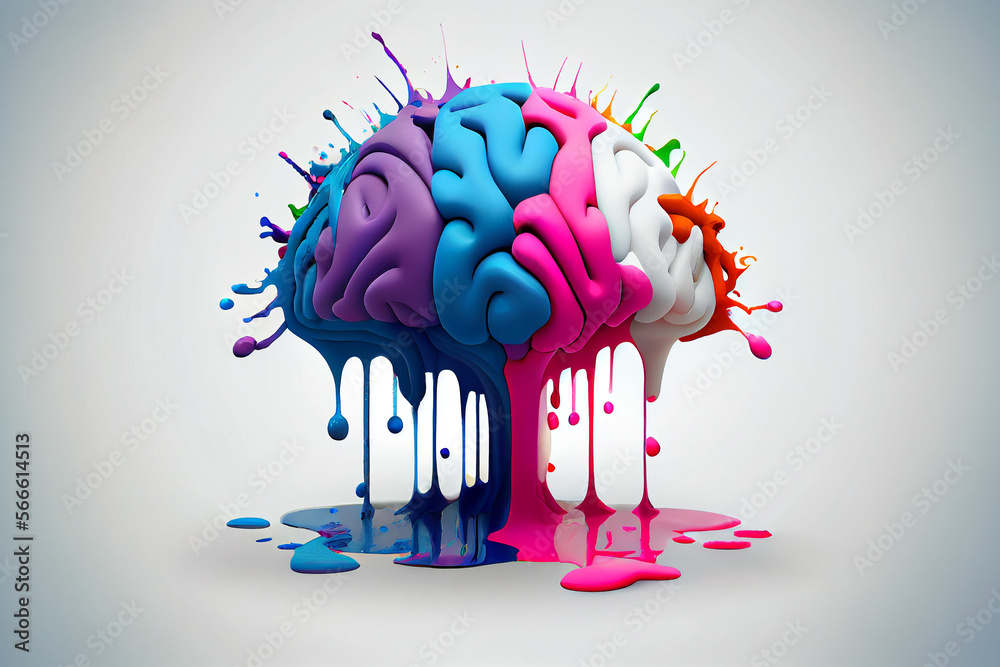 Brain with splash 3d paint poster modern background. Liquid forms ...