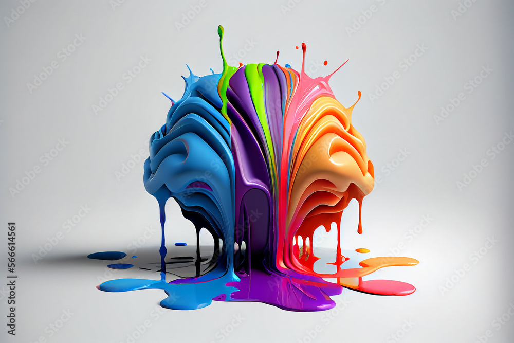 Brain with splash 3d paint poster modern background. Liquid forms ...