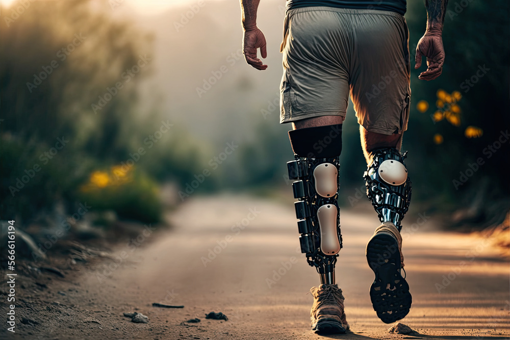 Unrecognizable man with a double leg disability walking on a path with ...