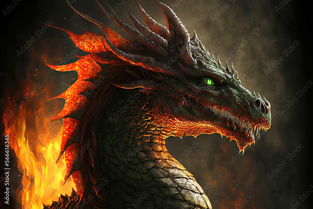 Old ancient fire dragon, glowing eyes, thick scales, dragon mouth with ...