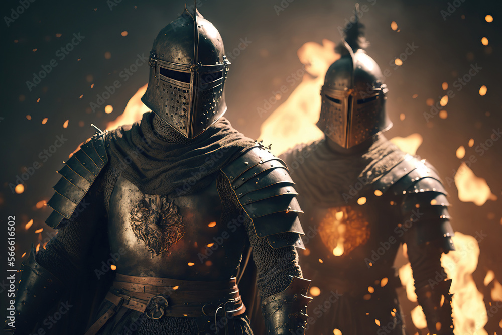 Knights on battlefield after victory. Everything is on fire. Knights ...