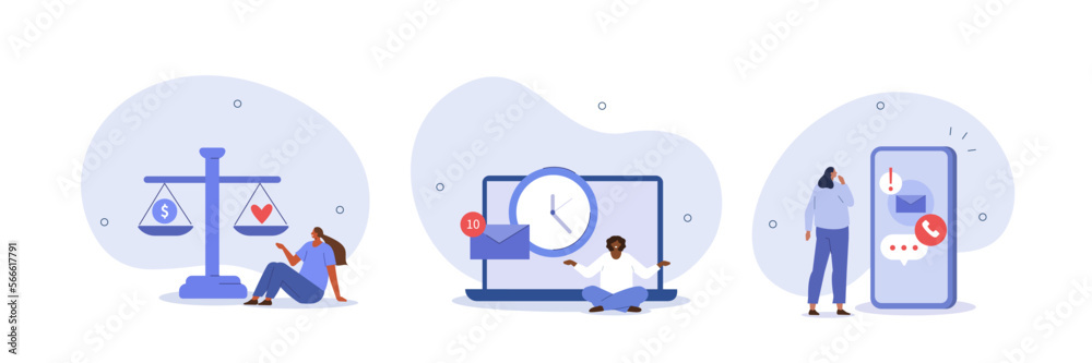 Stress management illustration set. Business characters trying to ...