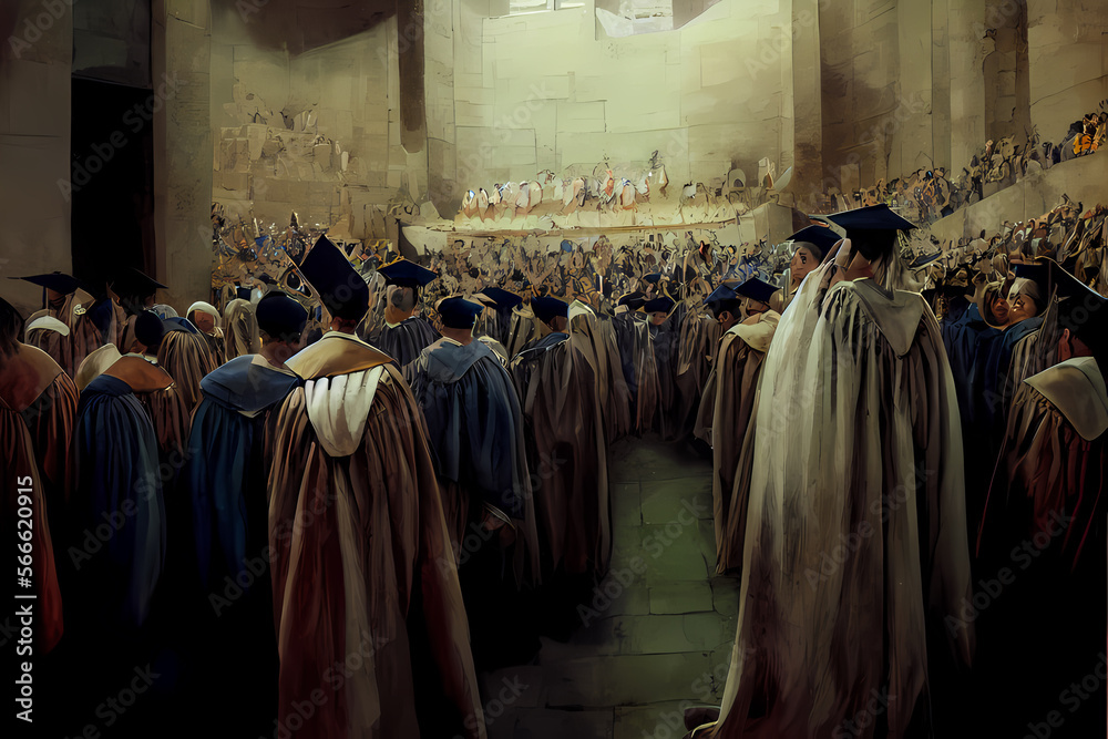 University Graduation ceremony in ancient times in Rome or Greece, in a ...