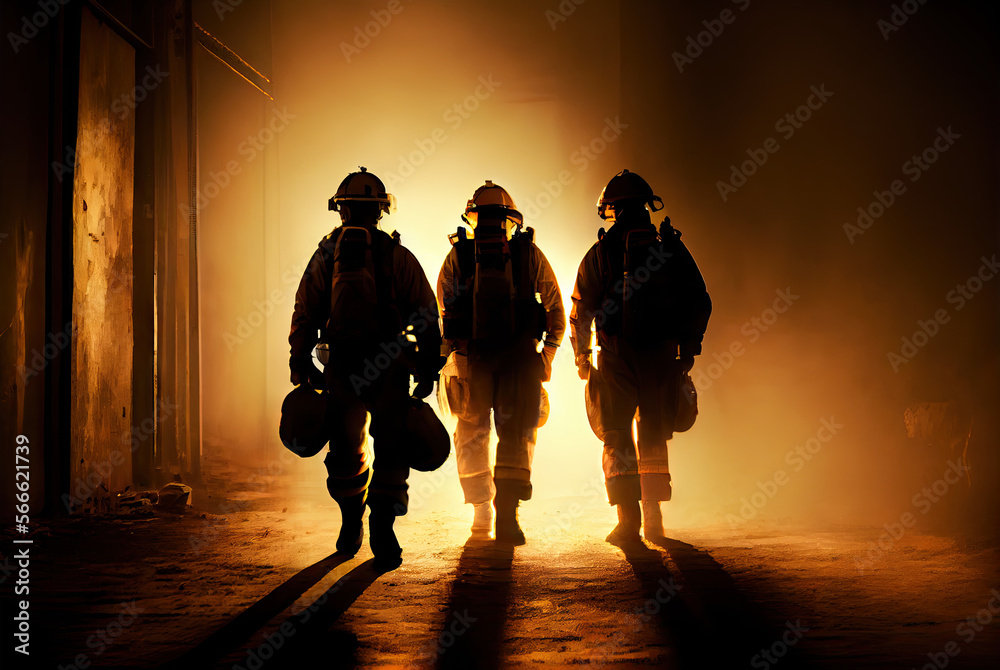 Firemen fighting a raging fire with flames created with AI Stock ...