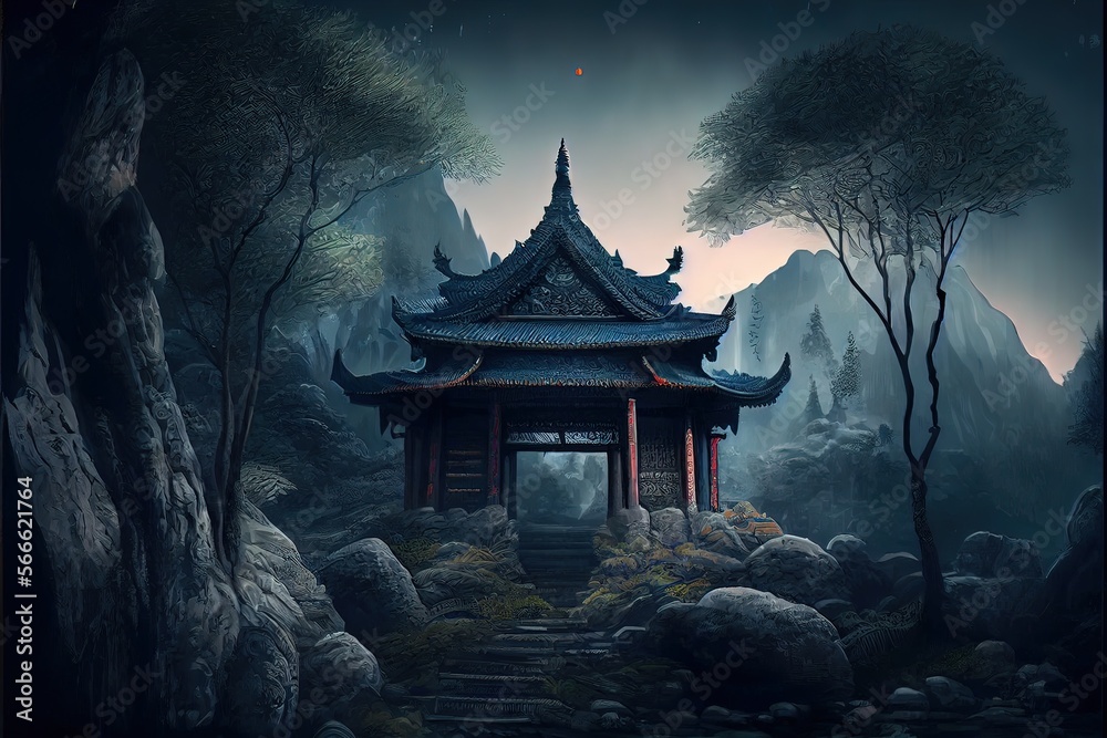 Generative AI illustration of Fantasy background with mysterious ancient Chinese temple in ...