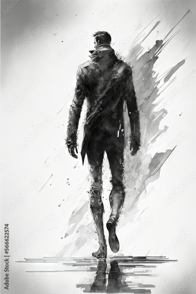 sci-fi full-length whole body portrait super hero man with a blurred ...